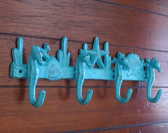 Sea Theme Rack/ Nautical Hook/ Cast Iron/ Aqua Blue/ Towel