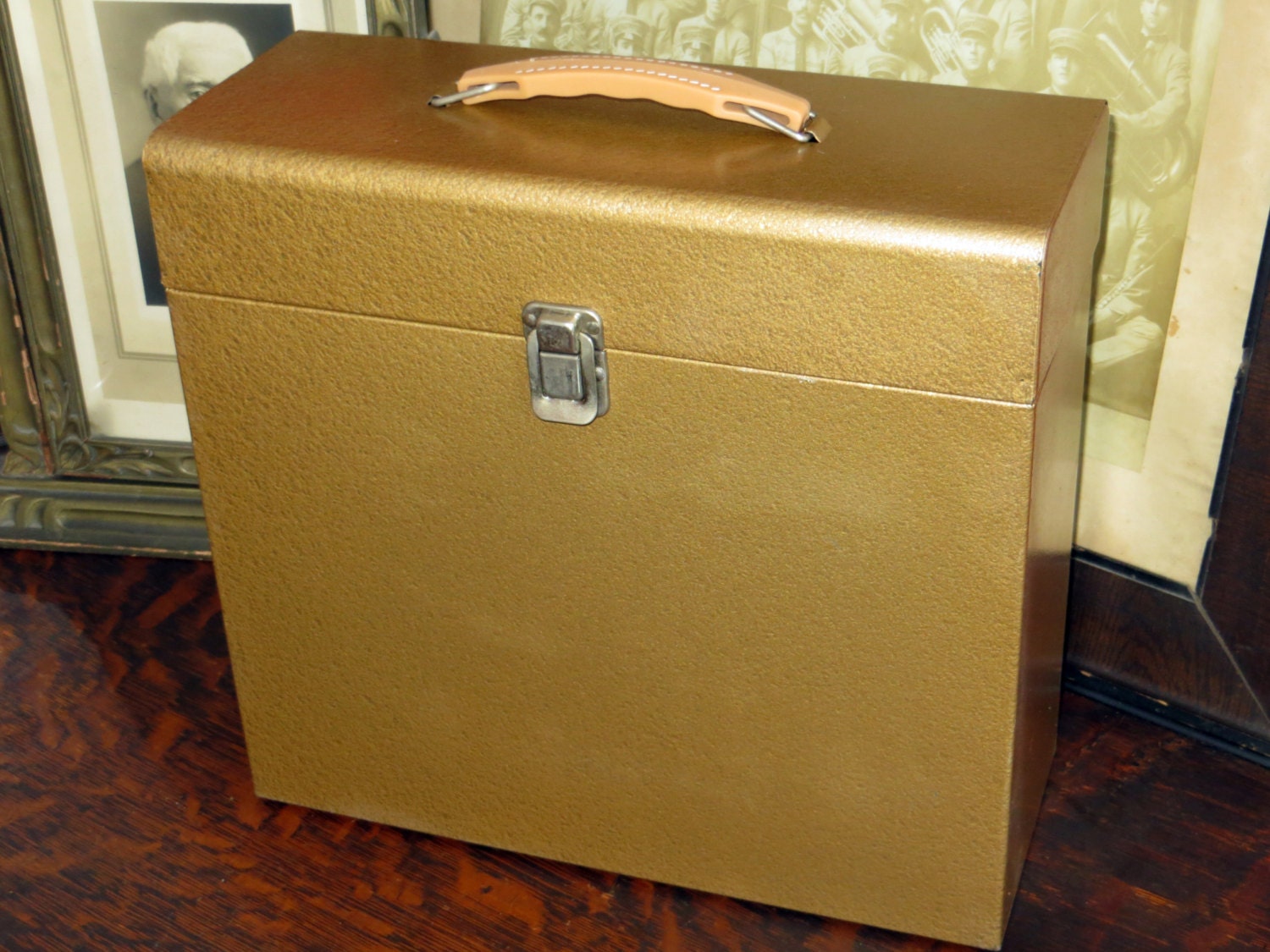 gold metal box ~ vintage industrial file box ~ storage container for ...