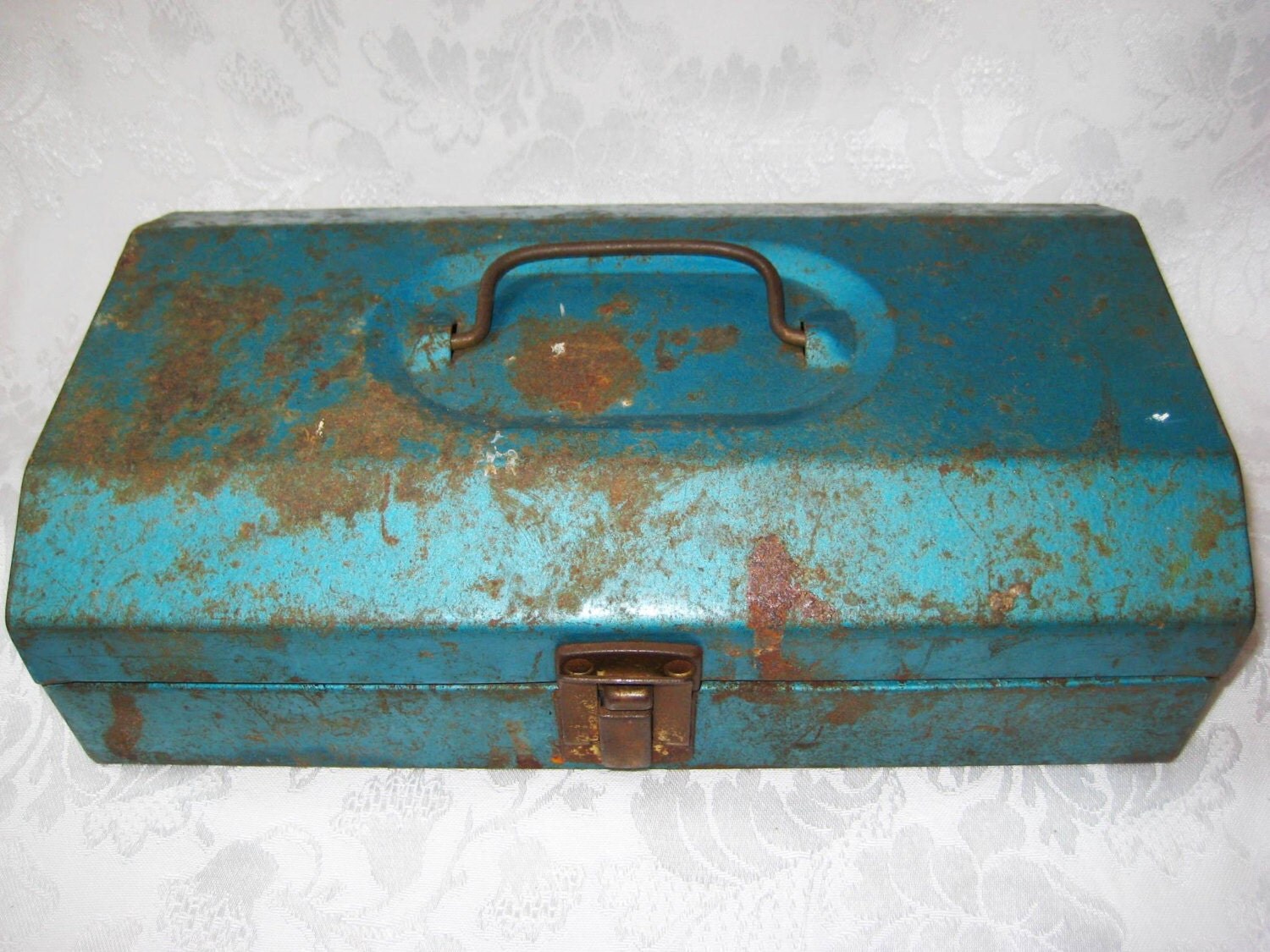 Turquoise blue metal tool box, rustic metal box, distressed tool box ...