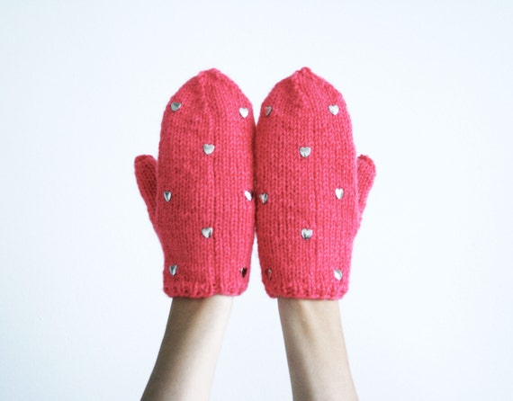 handmade cute pink wool mittens with silver heart shaped stud