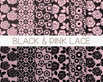 Pink and Black Lace Background, Romantic Lace Clip Art, Eyelet, Girly ...