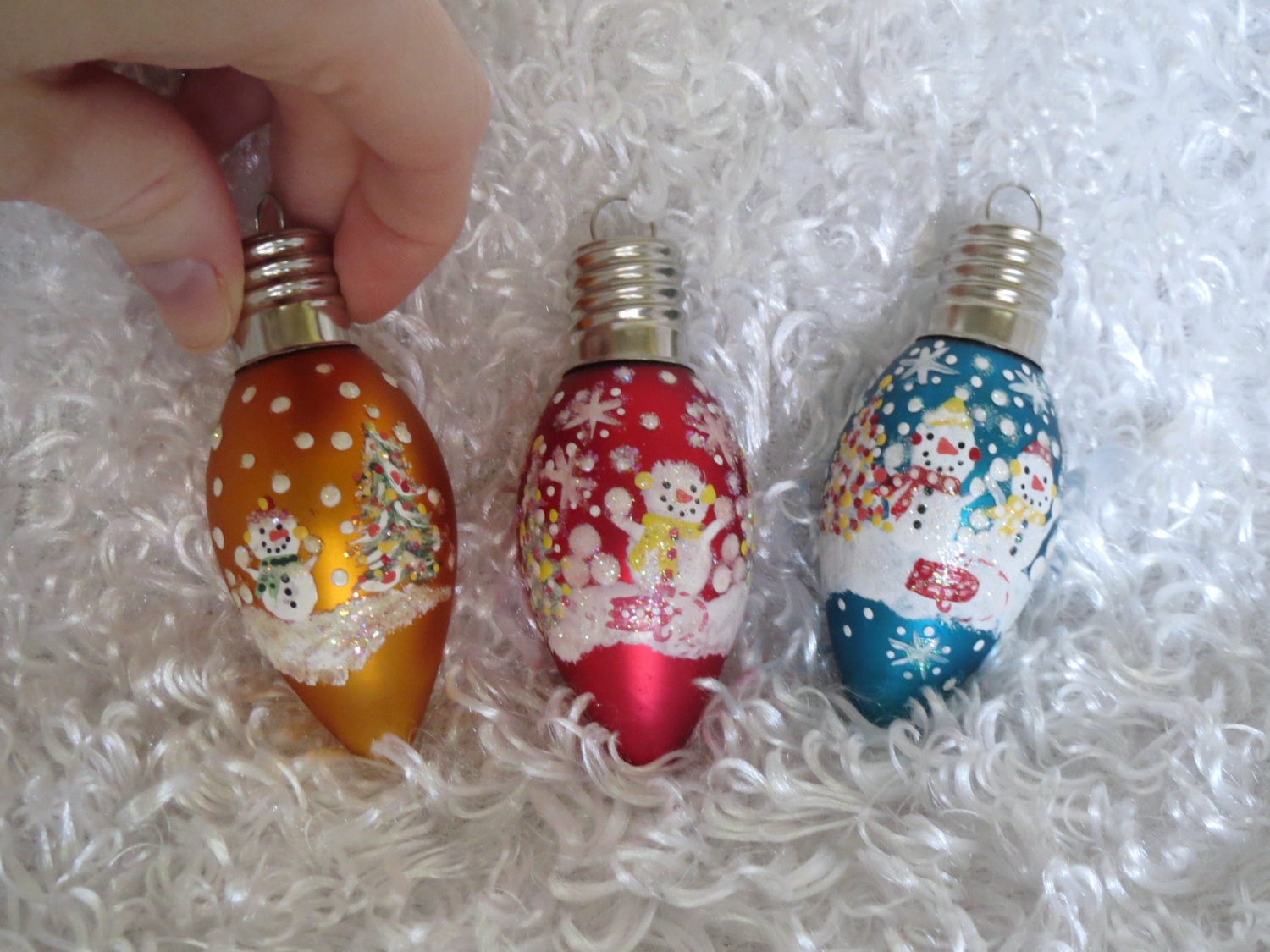Small Hand Painted Glass Light Bulb Shaped Christmas Ornament