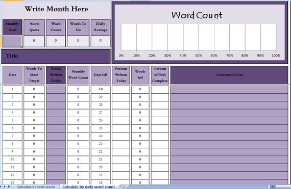 Writer's Word Count Tracker 30 Day Month