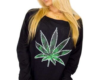 Marijuana Leaf Off The Shoulder Sweater - 100% Cotton