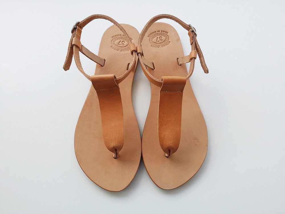 Women Sandals Light Brown Thong Leather Sandals Greek Handmade