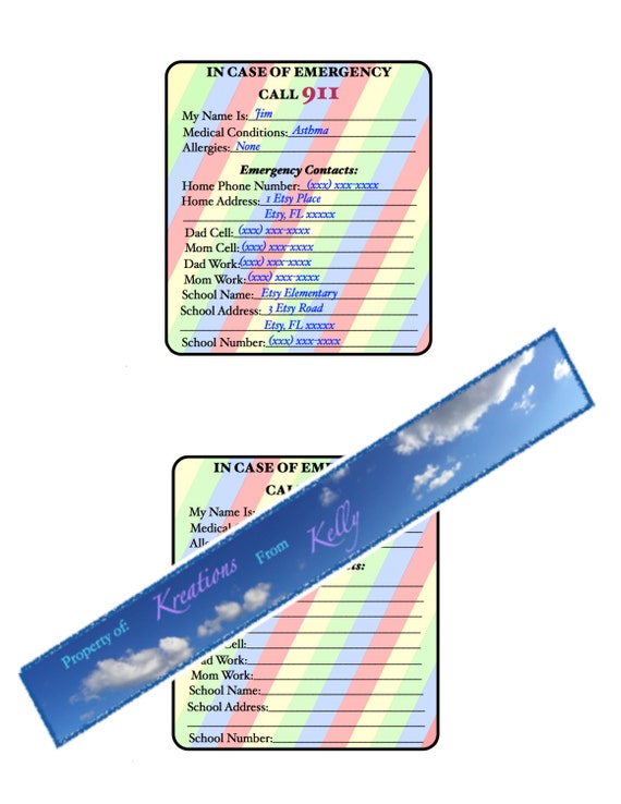 Items similar to Child Emergency ID Card with Emergency Contacts and ...