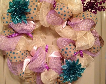Popular items for teal mesh wreath on Etsy