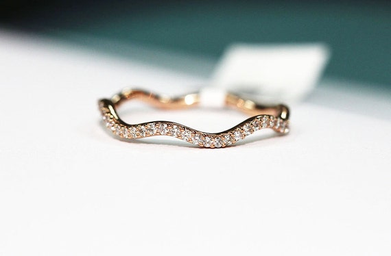 14k Diamond Curve Wave Band Ring Midi Stacker Matching Trio