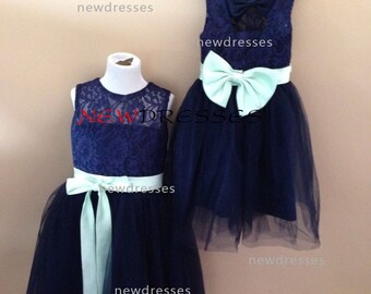 Princess Navy Blue Tulle Lace Flower Girl Dress Infant Toddler PAGEANT ...