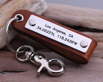 Latitude Longitude keychain Mens GPS Leather by aimeehandmade