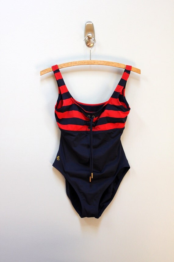 vintage 90s ralph lauren swimsuit / nautical stipesred and