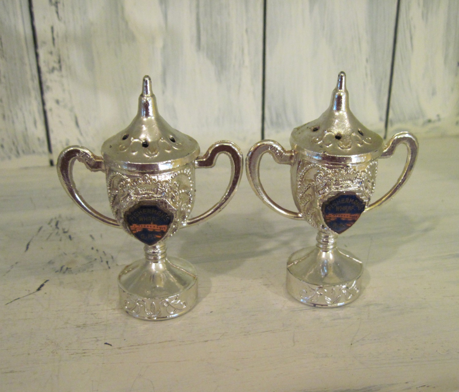 Vintage silver color metal cup shape salt pepper shakers, cup shape ...