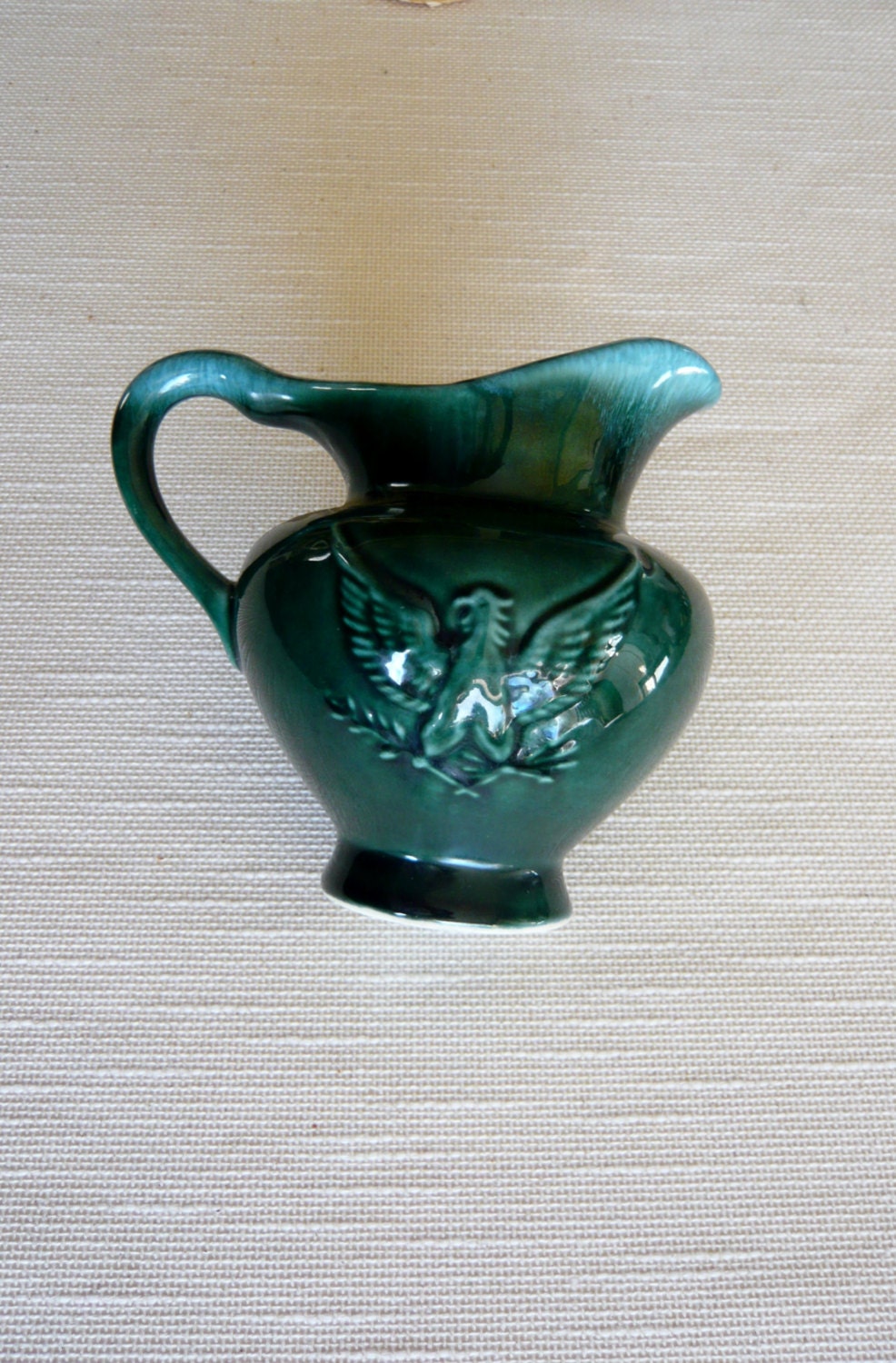 Hull Pottery Imperial Eagle Pitcher F91 Green Turquoise Drip Glaze ...