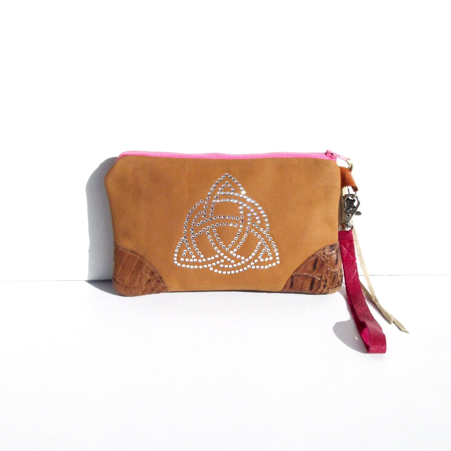 Leather Wristlet // Celtic Clutch // Tan // Pink Zipper Purse // Wallet ...