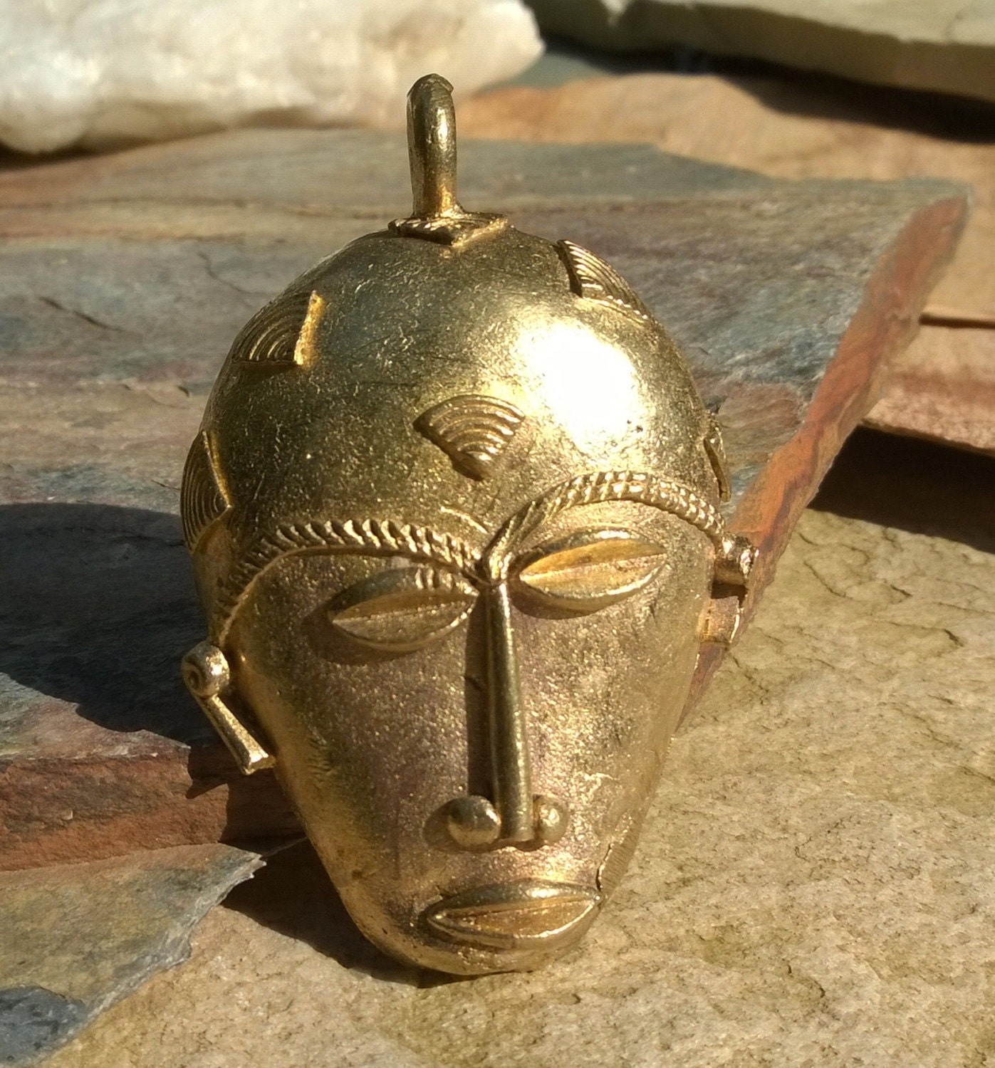 African Brass Tribal Mask PendantExtra Large African Brass
