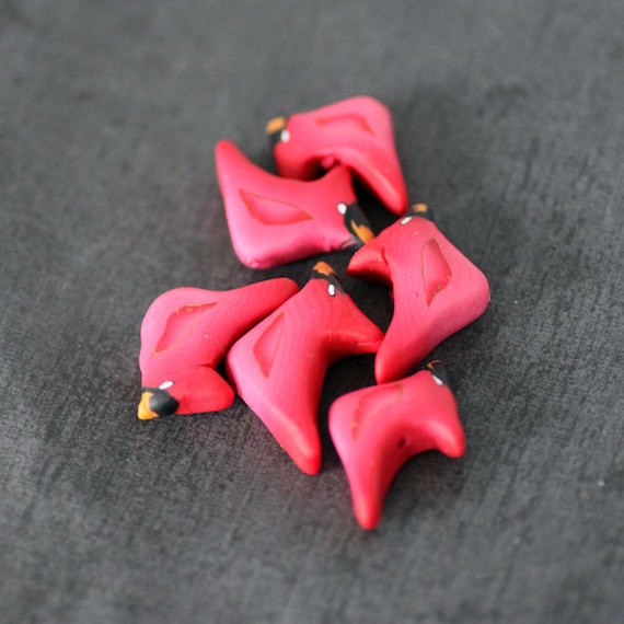 Cardinal Beads Red Bird Beads Polymer Clay Birds 6 Pieces