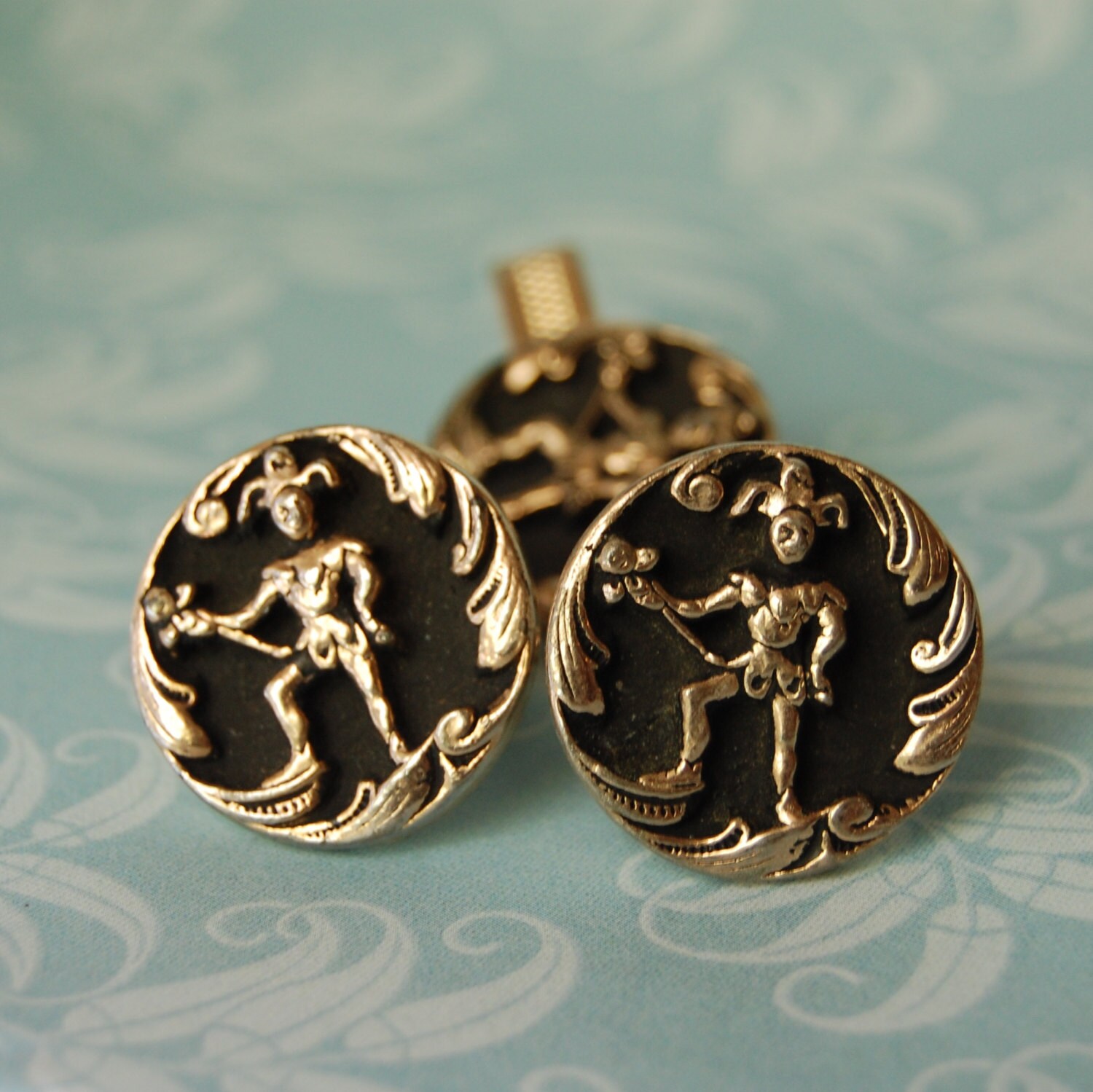 Vintage Large Round Jester Cufflinks and Tie Clip with Black Background