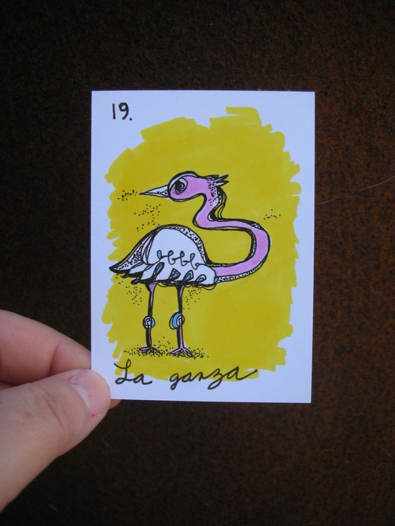 La Garza The Heron Original Loteria Aceo Drawing