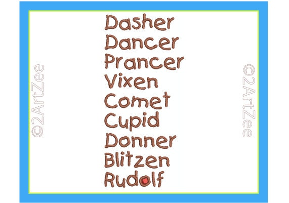 Santas Reindeer Names Machine Embroidery Design