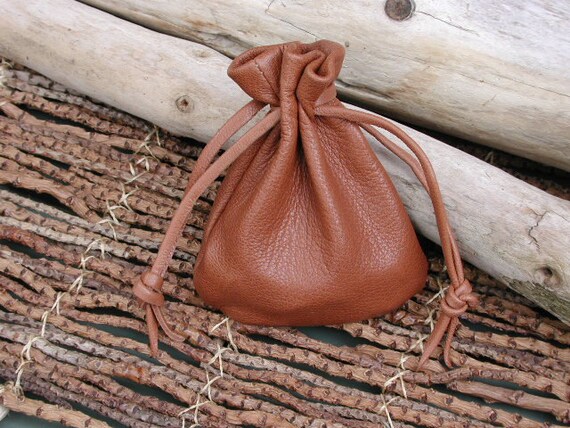 Leather Drawstring Pouch Bag Light Brown Crystals Stones