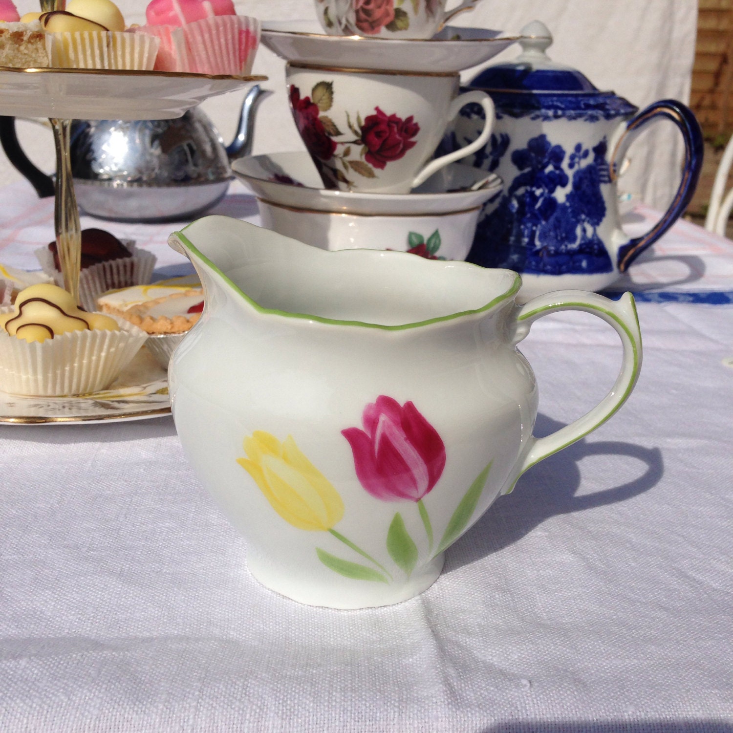 Yellow and pink tulips antique milk jug or creamer- vintage fine bone ...