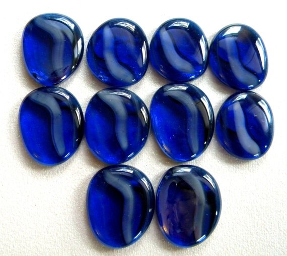 Last Set 10 Large Flat Glass Gems Rare Cobalt Blue And White