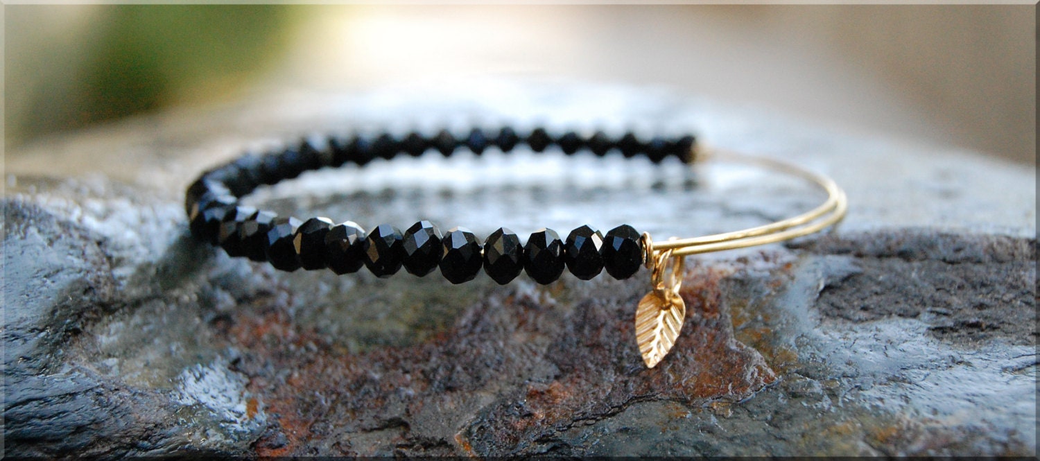 Jet Black Beaded Bangle bracelet Adjustable Jewelry