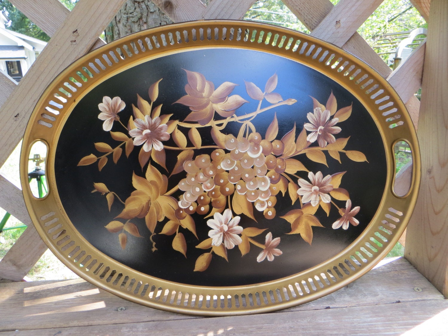 Vintage Metal Hand Painted Tray, Autumn Tray, Black and Gold, Oval Tray ...