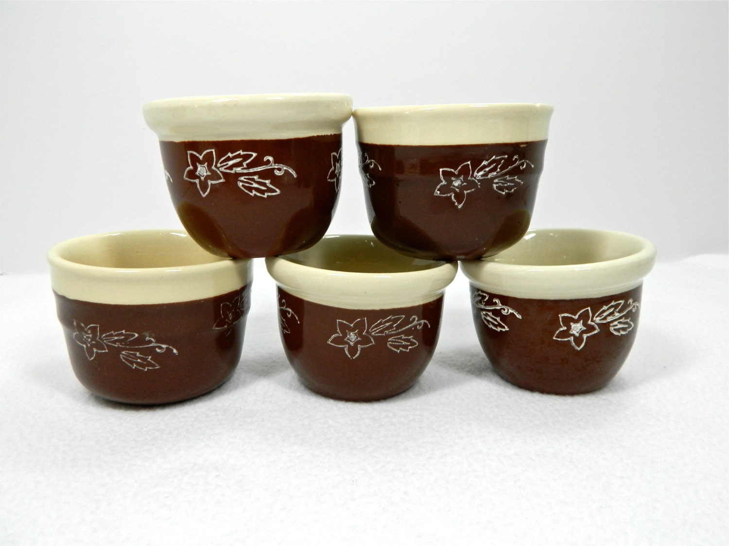 Vintage stoneware custard cups mini baking bowls with engraved floral ...