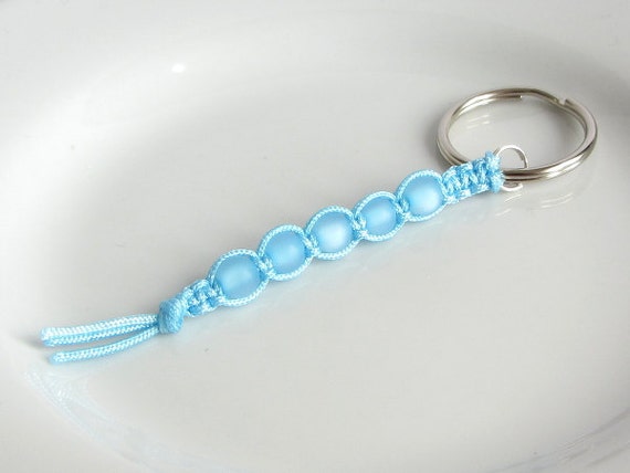Light Blue Acrylic Beaded Keychain Silver Keyring Knotted