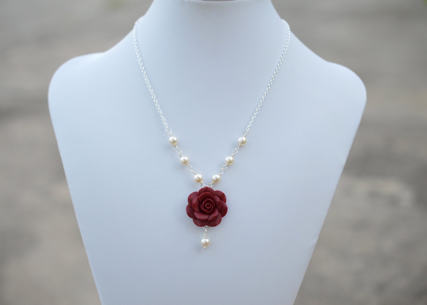 Deep Red Rose and Pearls Centered Necklace Red Garnet Rose