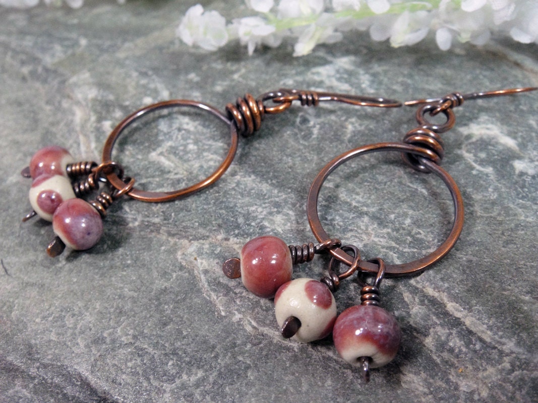 Hammered Copper Hoop Earrings With Rasberry Elaine Ray Ceramic