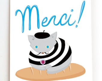 Funny cute modern French Kitty Cat Merci Thank you Card - Beep Boop Bop LLC