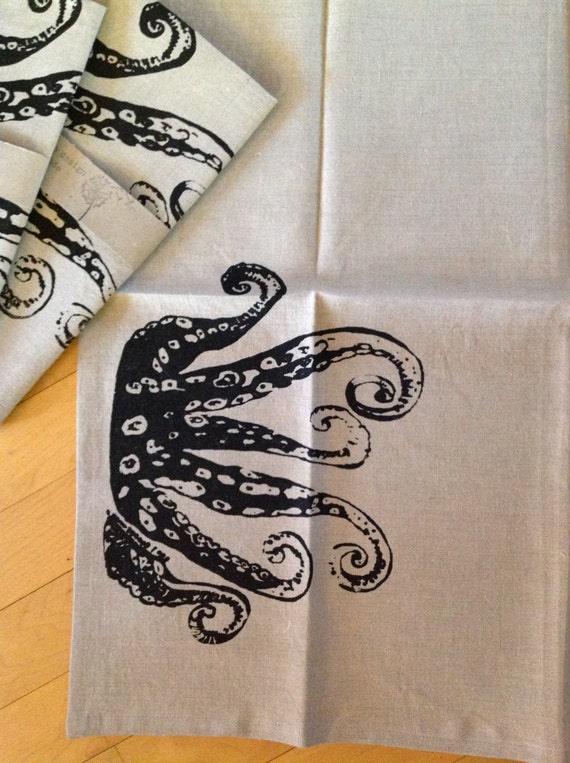 100% Linen Black Octopus Screen Printed Tea Towel by GandTDesign