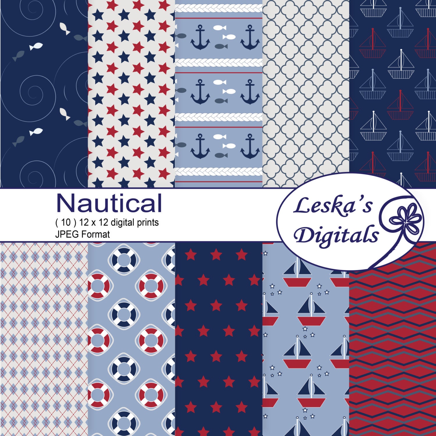 Nautical digital paper: Blue and red nautical background, nautical ...