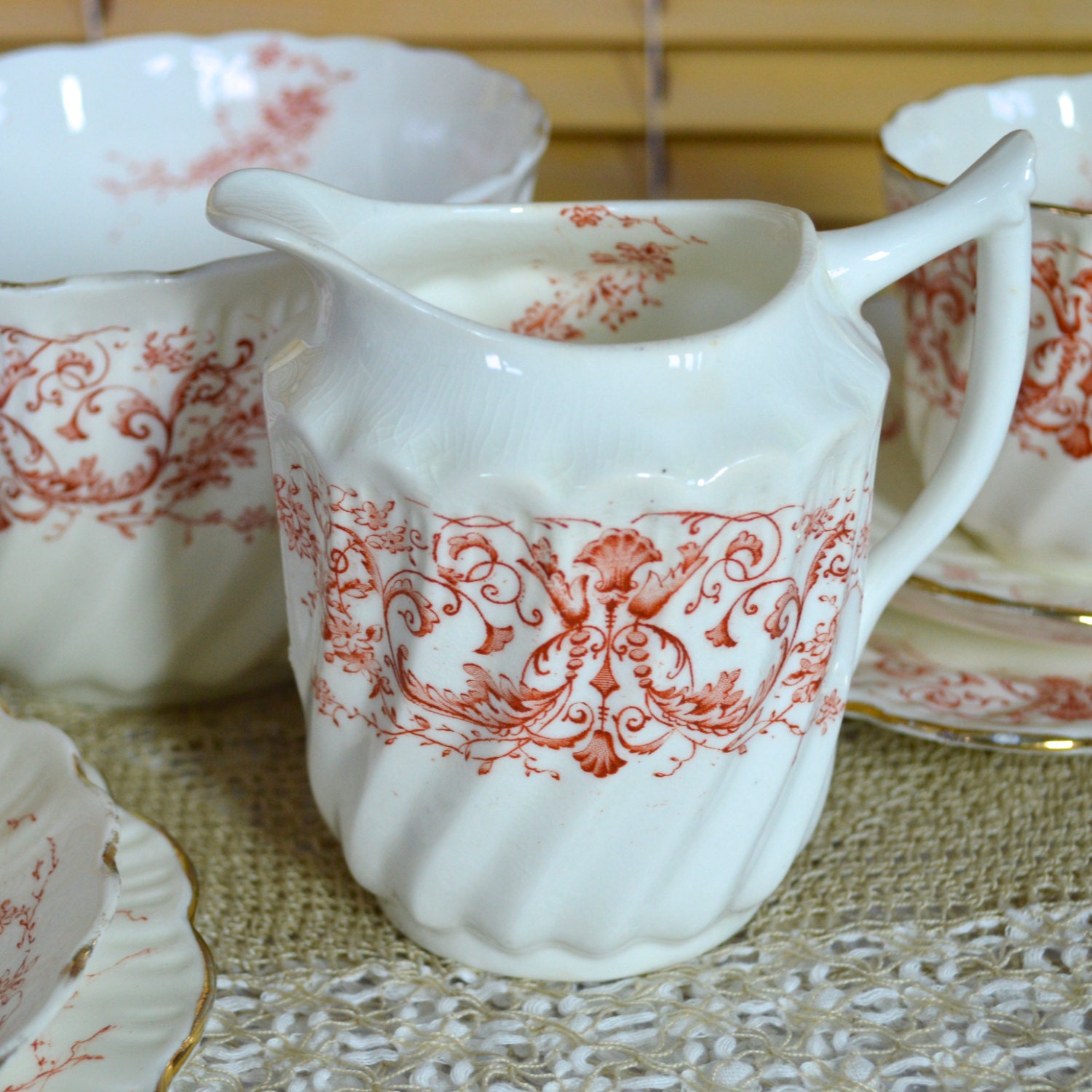 Antique 1910-20 Creamer Jug – White Ridged Bone China with Burnt Orange ...