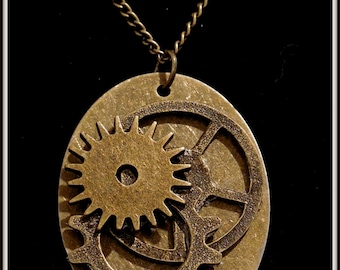 Bronze gear and cog oval pendant necklace
