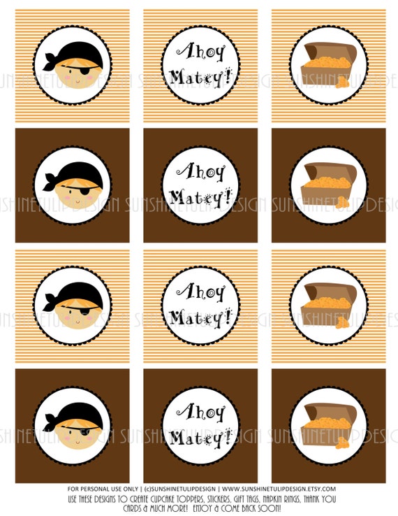 Printable Pirate Birthday Cupcake Toppers Sticker Labels and