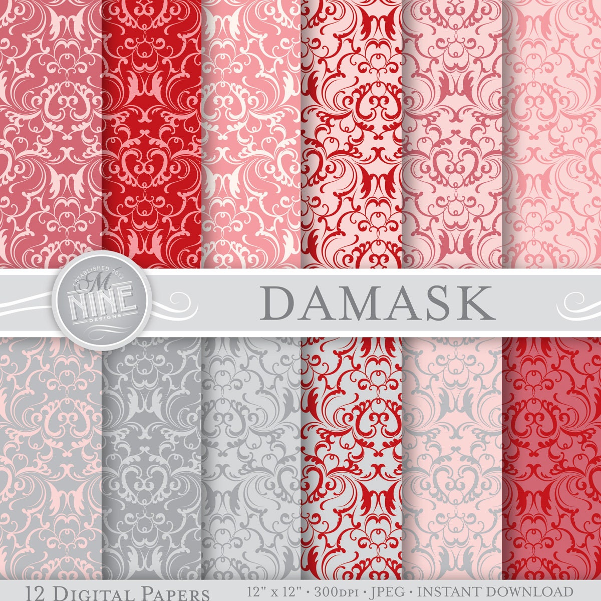 Damask Digital Paper: ROMANCE DAMASK Printable Pattern Print