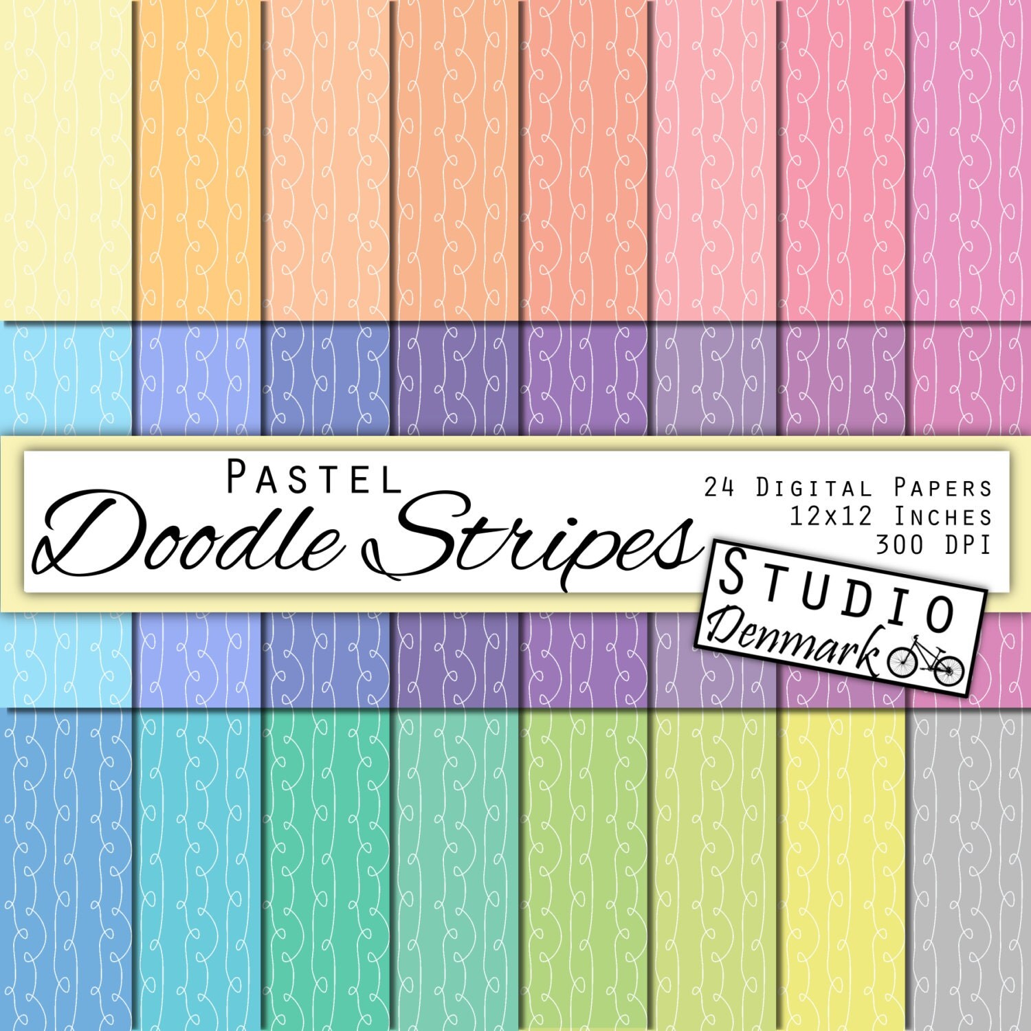 Pastel Doodle Stripes Digital Paper Value Pack – 24 Colors – 12in x ...