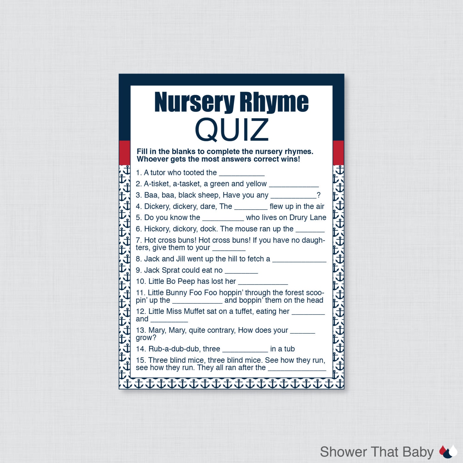 Nautical Nursery Rhyme Quiz Baby Shower Game in Navy and Red