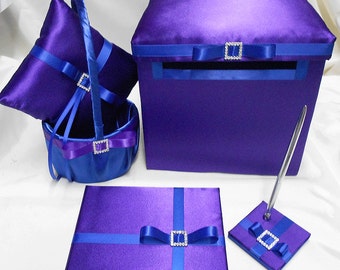 Purple Royal Blue Flower Girl Basket ring Bearer Pillow Guest Book Pen ...