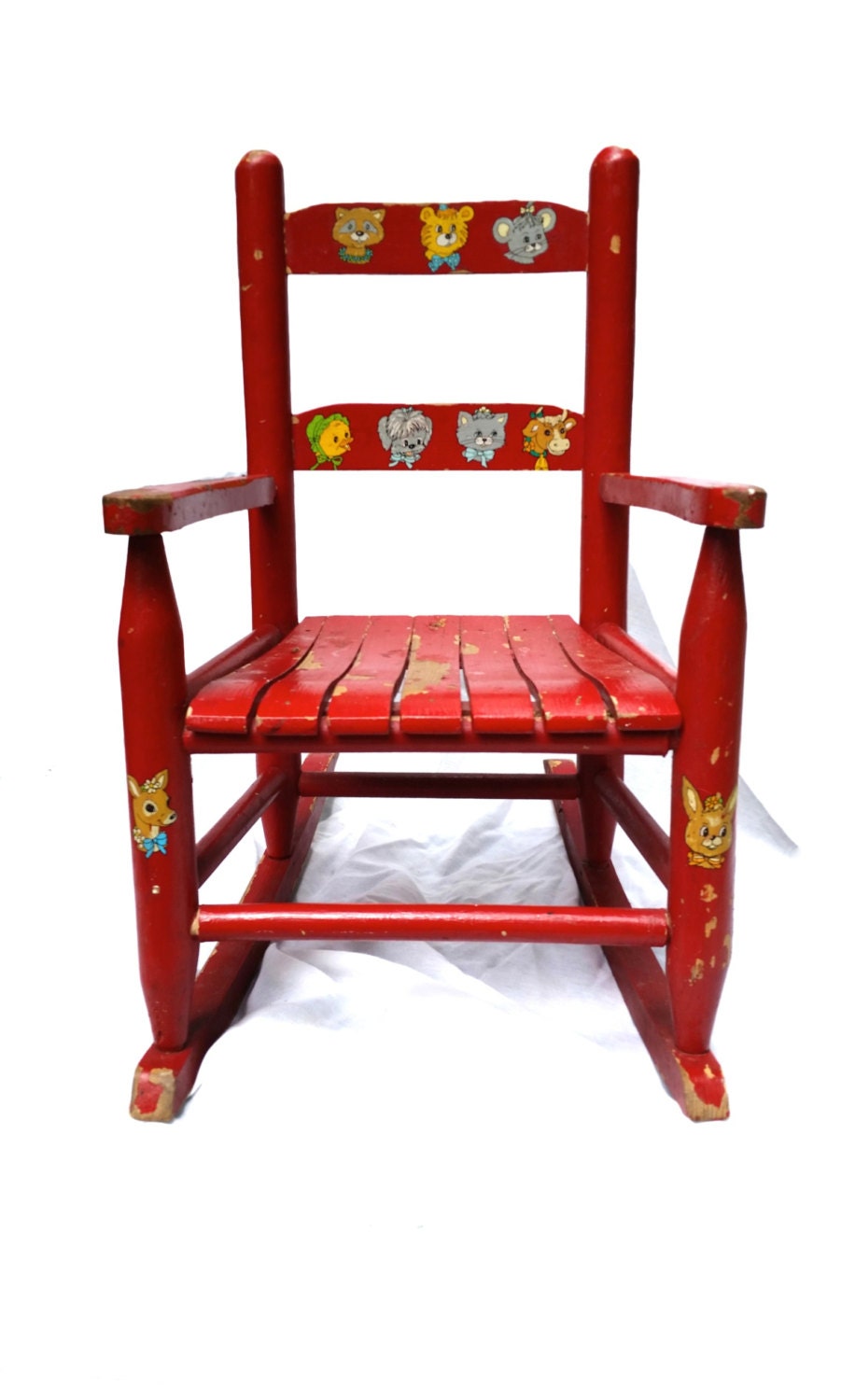 Vintage Red Children’s Rocking Chair with Woodland Nursery Animals Hand ...