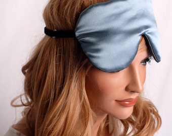 Silk Eye Mask Sleep Mask Light Blue & Black Charmeuse Cat