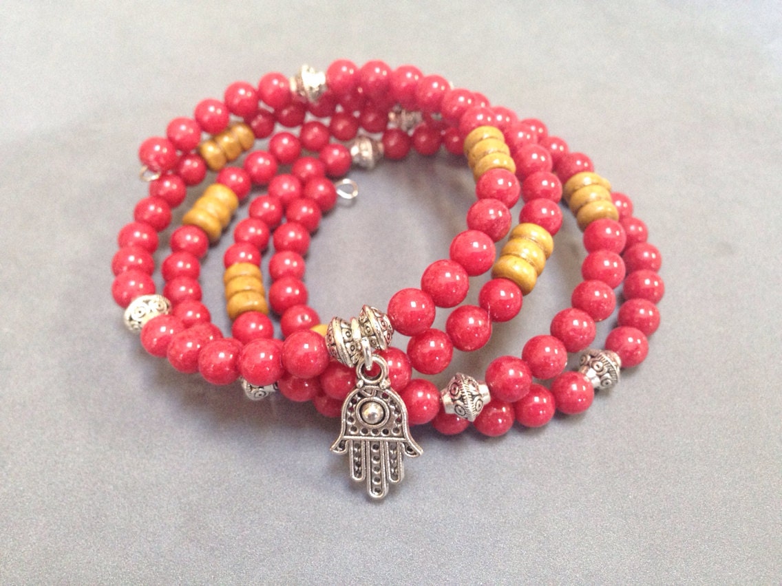 Tibetan Hamsa charm memory wire bracelet red by ButterflyWarriors