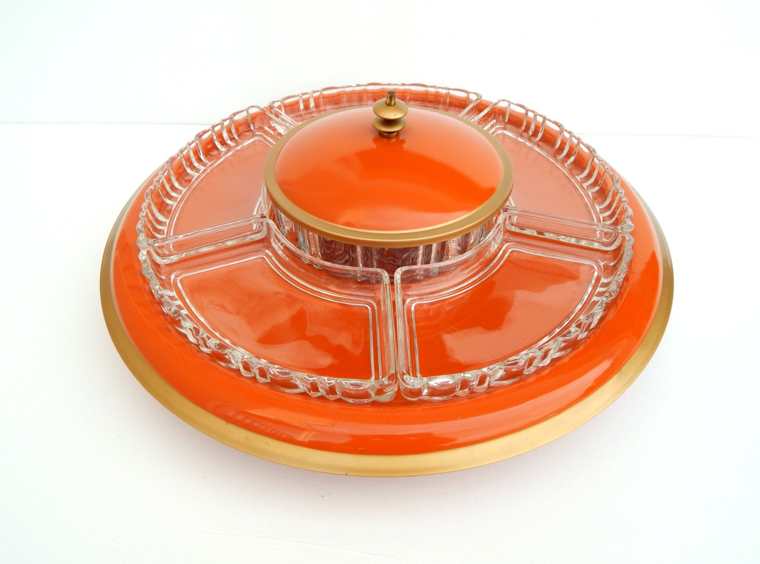 Vintage HUGE Lazy Susan Orange Enamel Glass Lidded Bowl Atomic 1950s ...