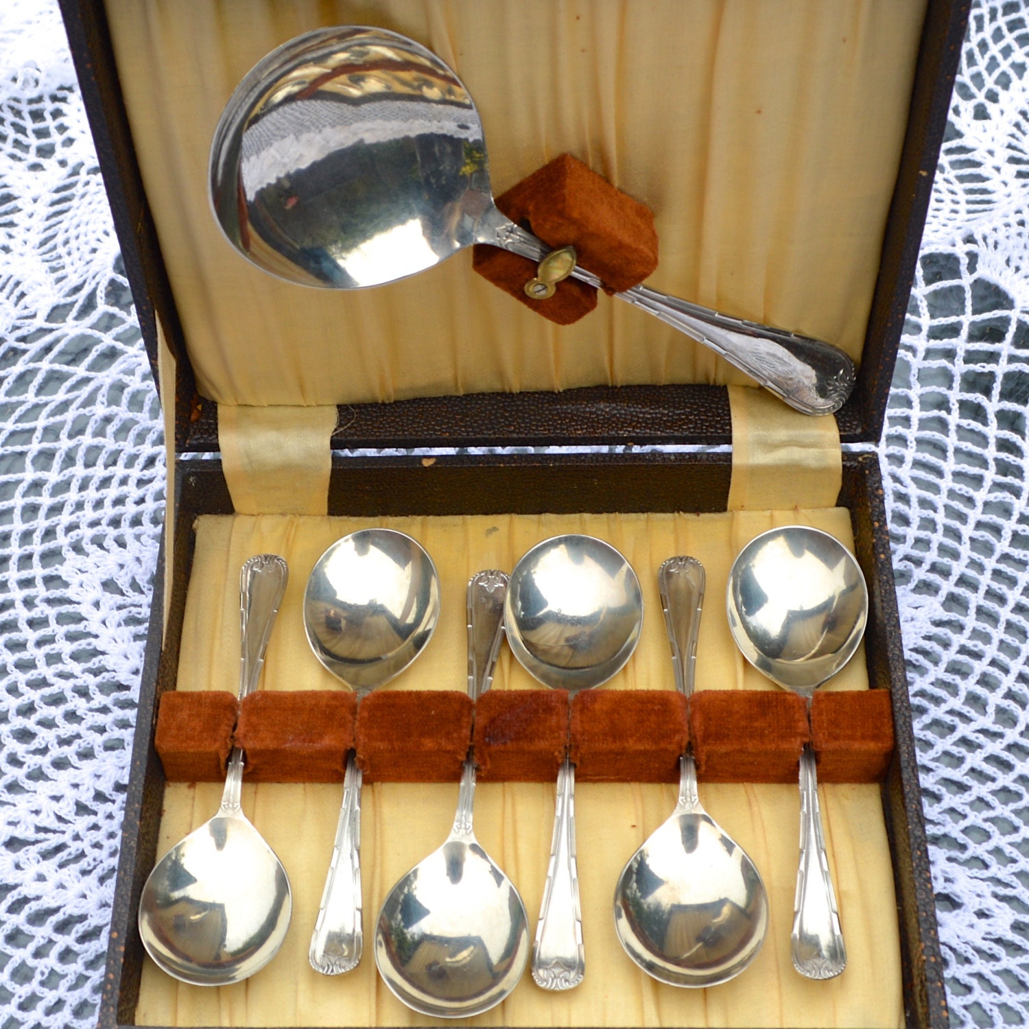Vintage Nickel Silver Fruit / Dessert Spoon Set in their Original Box ...