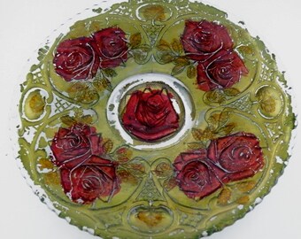 Goofus Glass, SALE 1/2 Off, Roses in the Snow Pattern, Green, Gold and ...