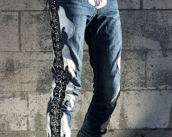 NEW Custom Rock Pants - Jeans Shiny Silver Axe Sides Lace-Up Sides ...
