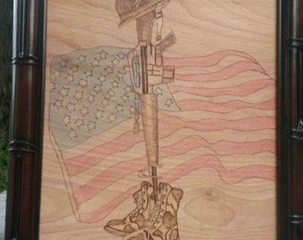 Hand Crafted Wood Burning of Fallen Soldier